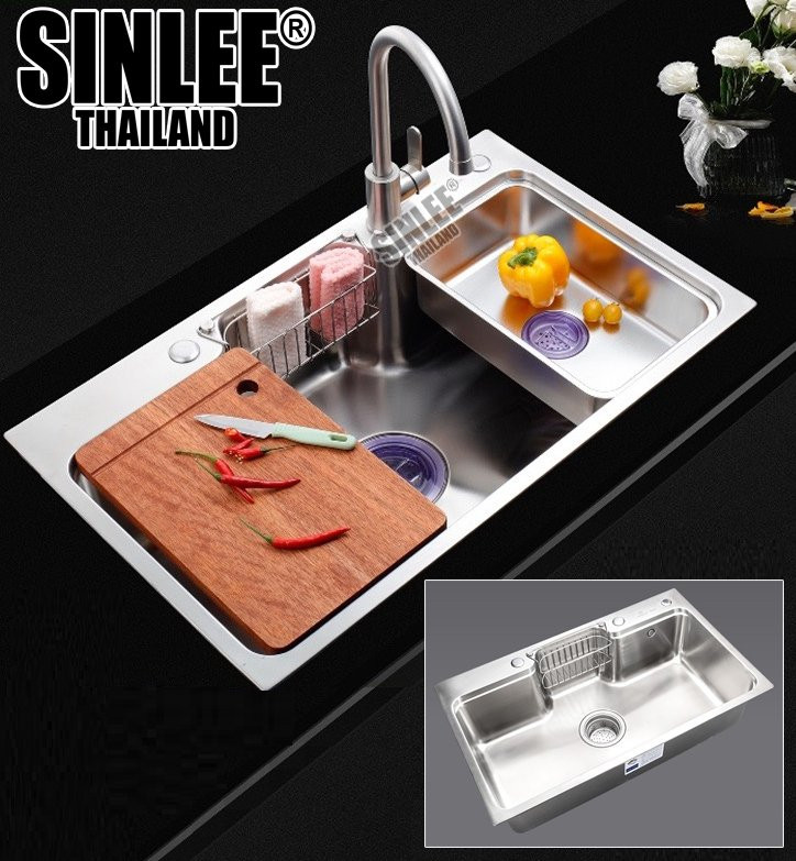 CHẬU RỬA CHÉN 1 HỘC INOX 304-KT 750x460-TẶNG KHAY INOX,TẶNG RỔ INOX PHÍA TRƯỚC,KÈM THỚT GỖ ...